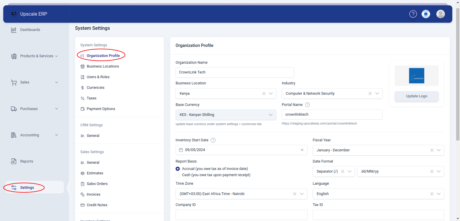 System settings | Upscale ERP Docs
